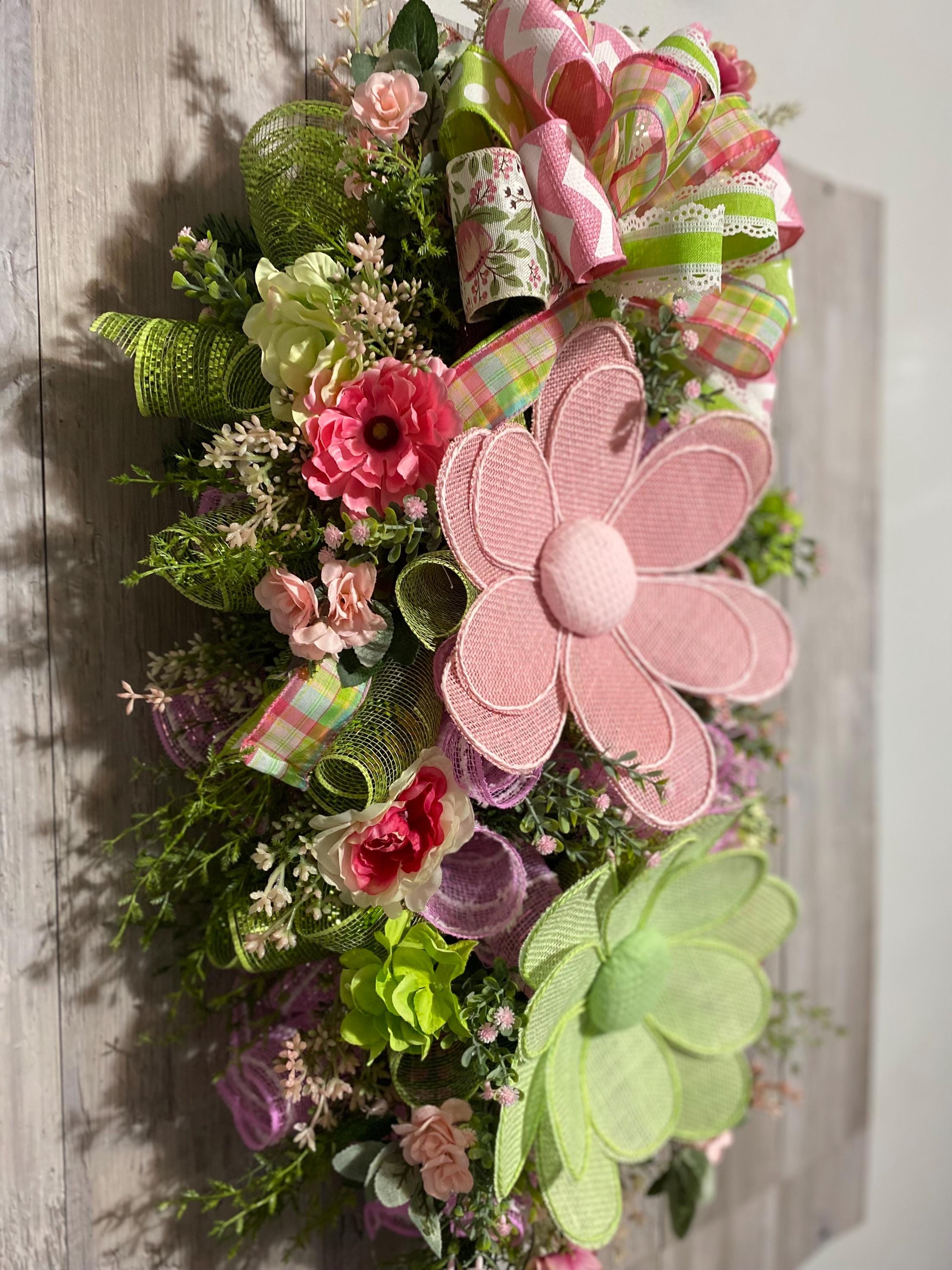 Spring Flower Wreath, Summer Flower Door Decor, Pink and Green Flower ...