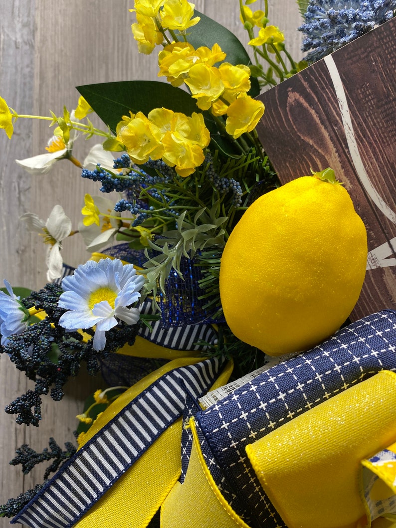 Spring Lemon Wreath, Summer Lemon Door Decor, Blue and Yellow Lemon Wreath, Blue and Yellow ...