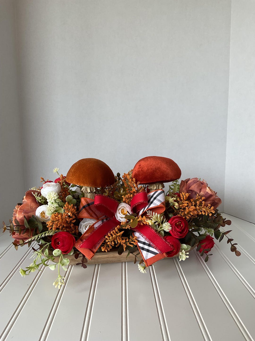 Fall Mushroom Centerpiece: Velvet Mushrooms, Red Florals, Farmhouse ...