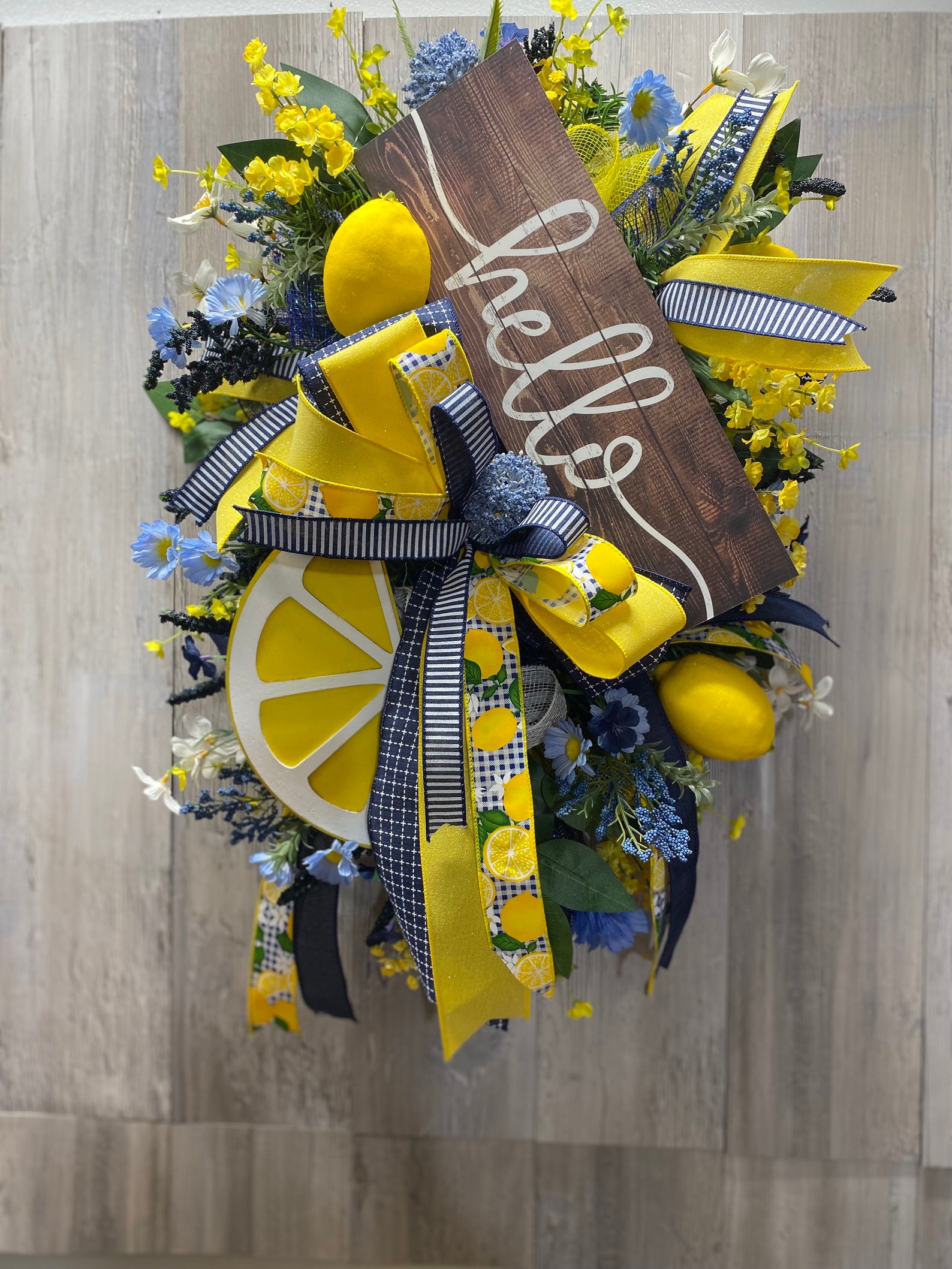 Spring Lemon Wreath, Summer Lemon Door Decor, Blue and Yellow Lemon ...