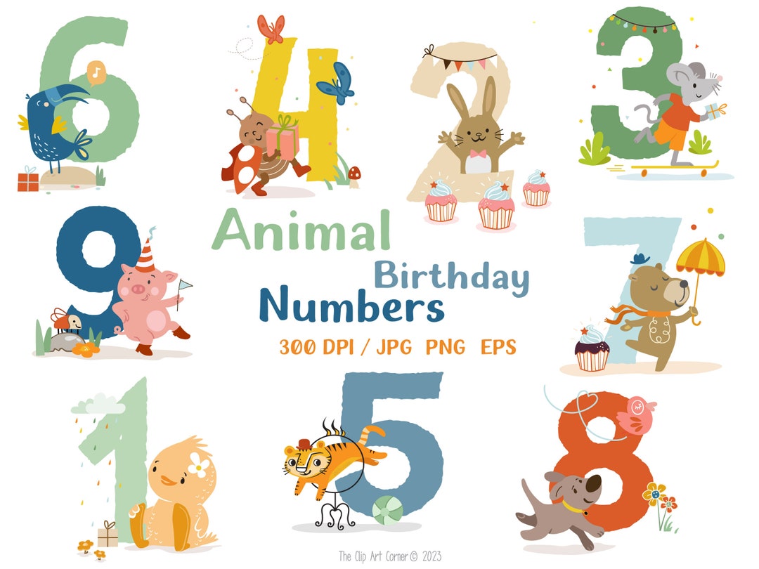Animal Numbers 1-9, Birthday Numbers, Animal Clipart, Party Animals ...