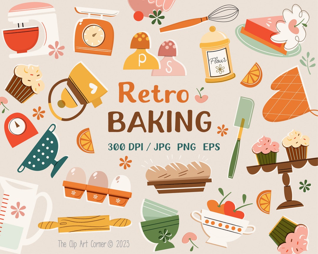 Retro Baking Clipart Utensils Kitchen Cooking Supplies Gift for Her ...