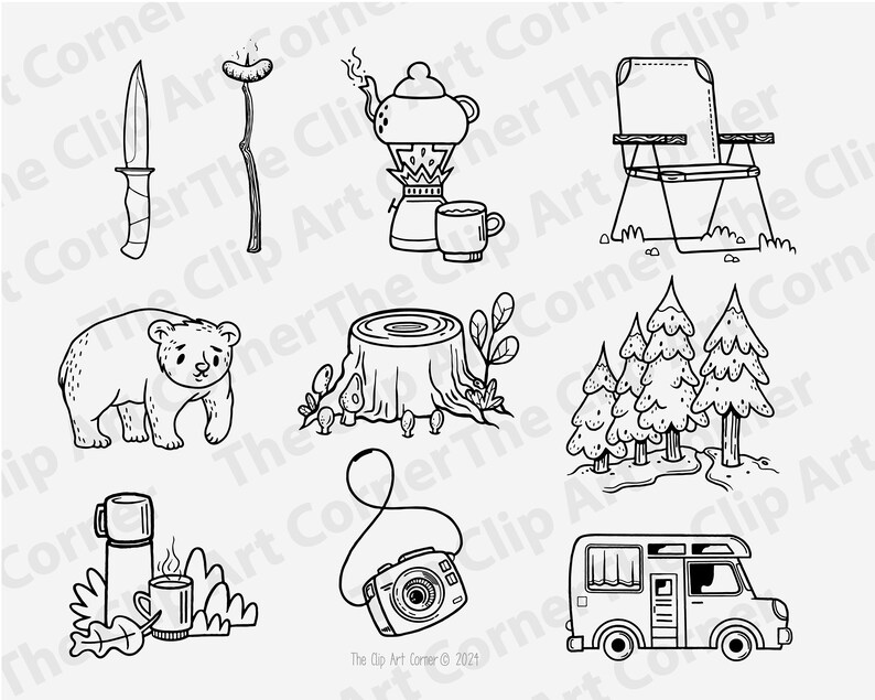 Hiking Clipart Outline, Adventures Printables, Outdoor Digital Stamps ...