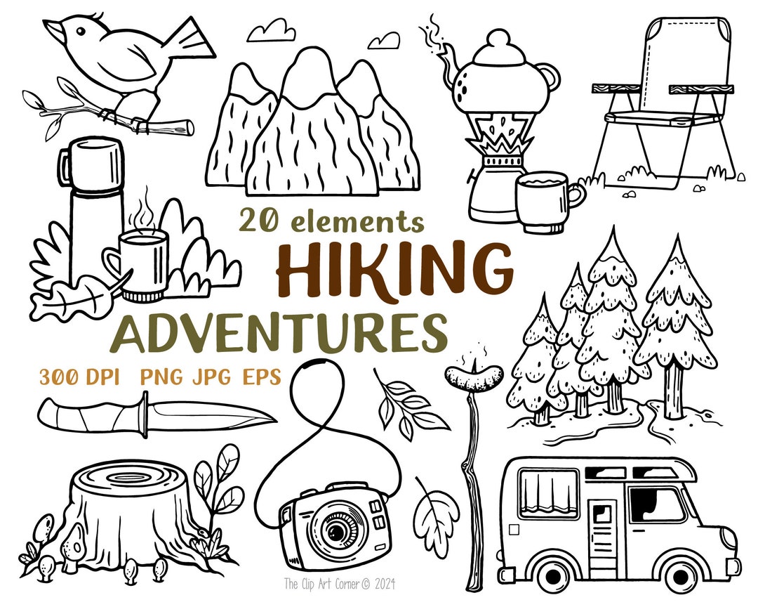 Hiking Clipart Outline, Adventures Printables, Outdoor Digital Stamps ...
