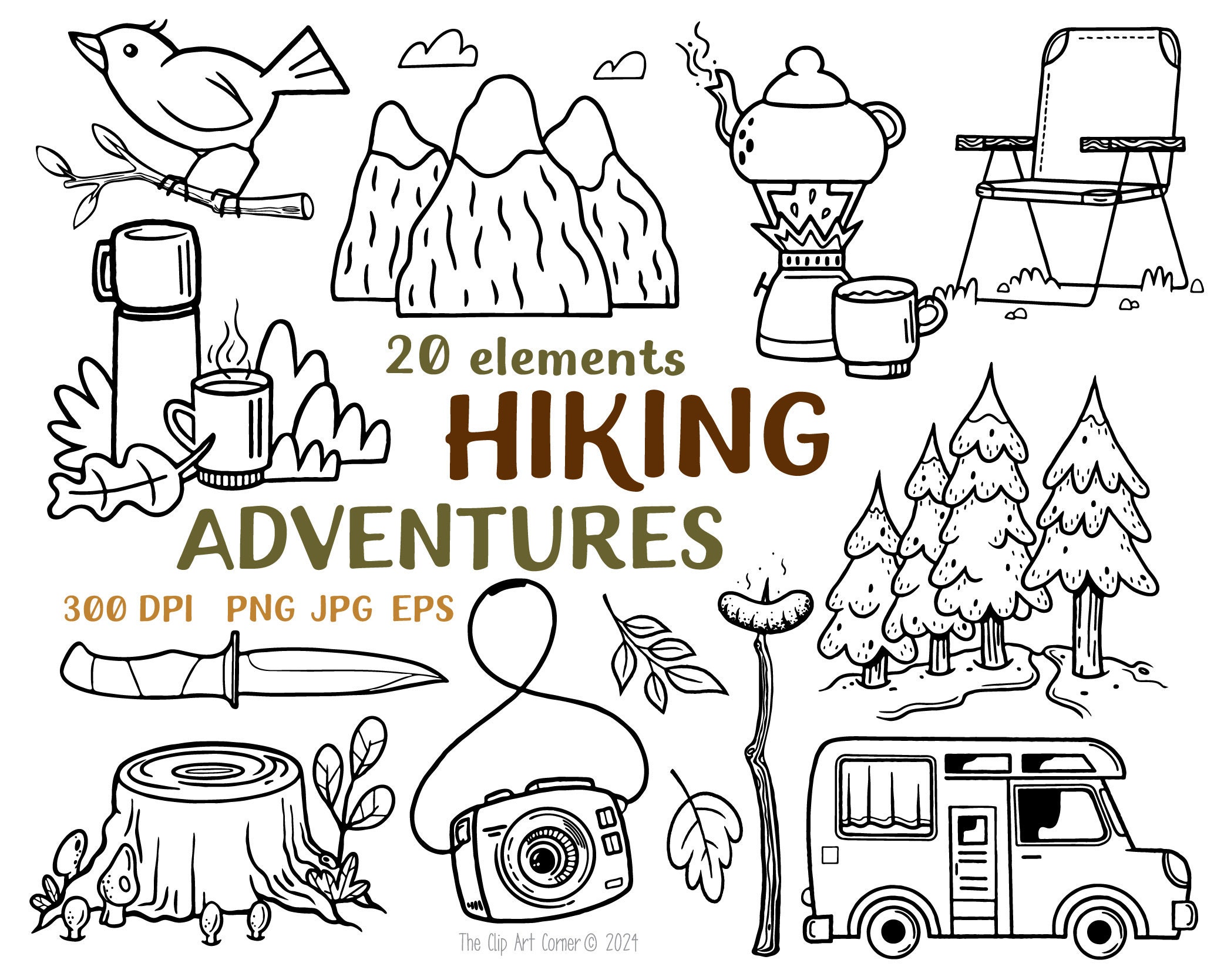 Hiking Clipart Outline, Adventures Printables, Outdoor Digital Stamps ...