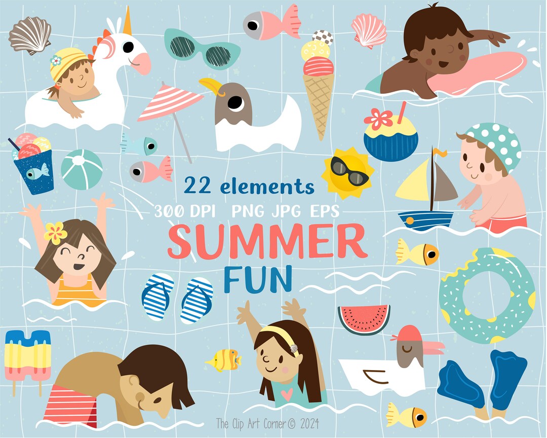 Summer Fun Elements, Swim Clipart for Kids, Holiday Activity, Swimming ...