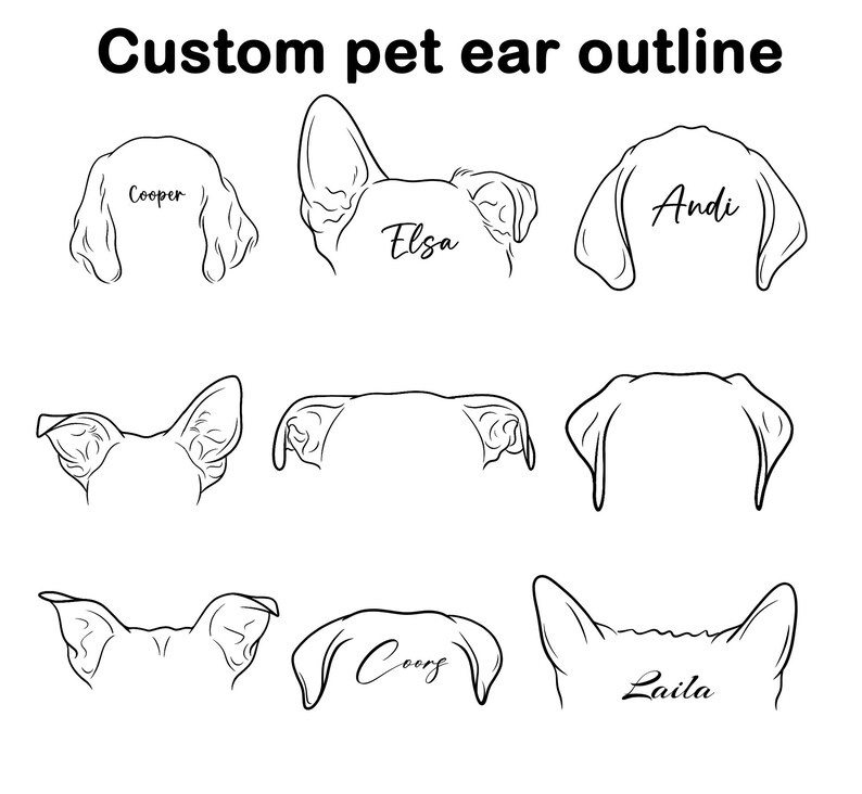 Custom Pet Ear Outline,custom Drawn Pet Ear Portrait,dog Ears Drawing ...