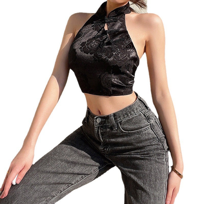 Yangflame Chinese Style Black Jacquard Black Halter Crop Top - Etsy