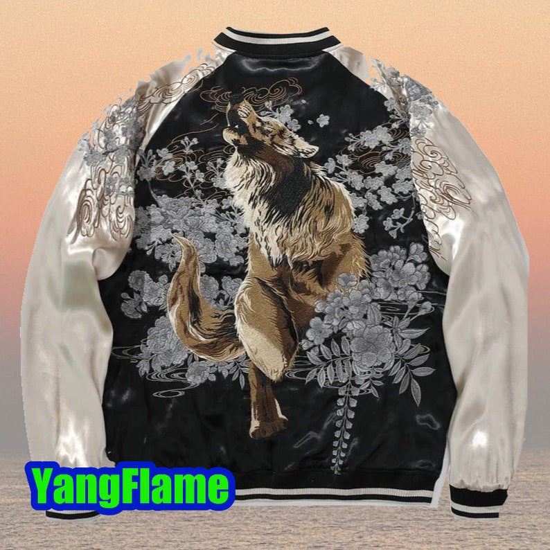 Yangflame Floral Wolf Embroidered Bomber Jacket - Etsy