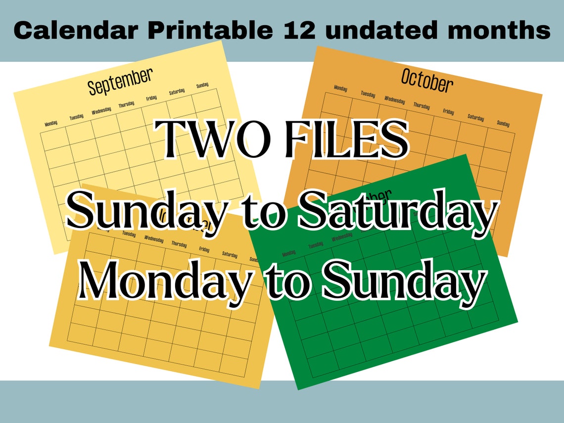 Undated Calendar Printable Monthly Blank Calendar Minimalist Horizontal ...