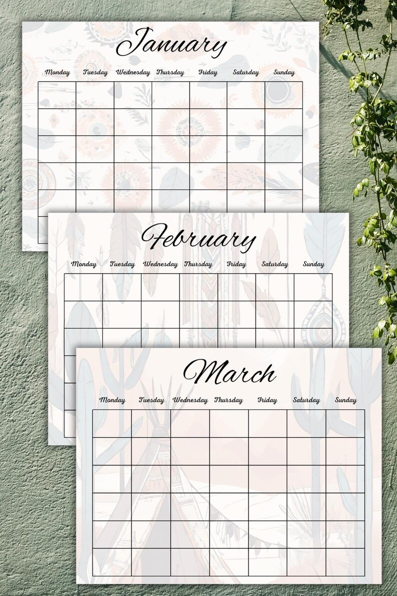 2025 Landscape Calendar Printable Boho 12 Month Blank Homeschool ...