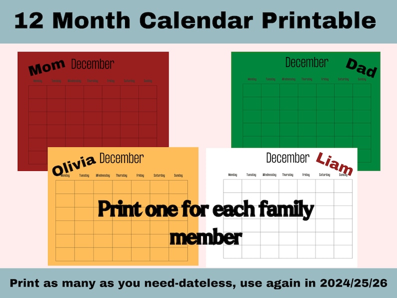 Undated Calendar Printable Monthly Blank Calendar Minimalist Horizontal ...