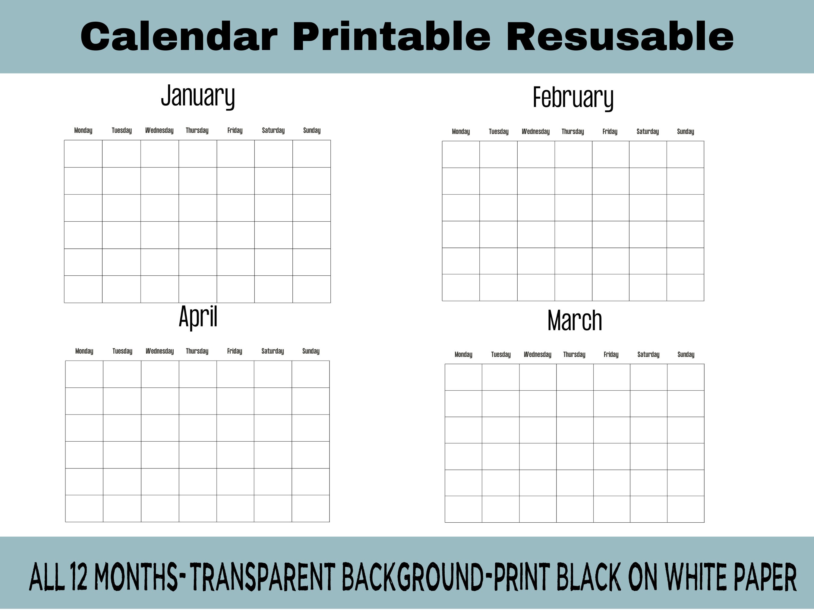 Undated Calendar Printable Monthly Blank Calendar Minimalist Horizontal ...