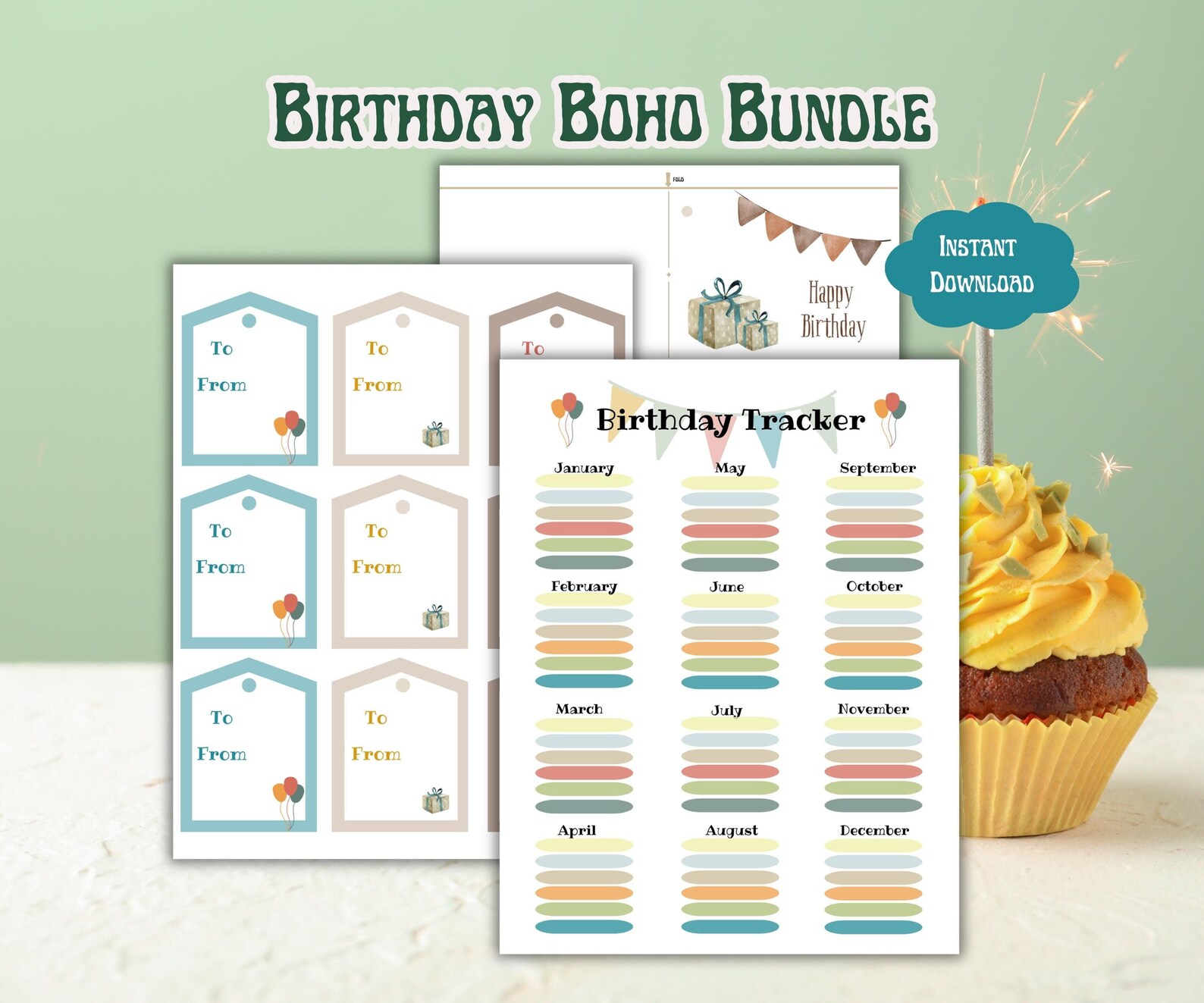 Birthday Boho Bundle First Birthday Printable Miniature Card Birthday ...