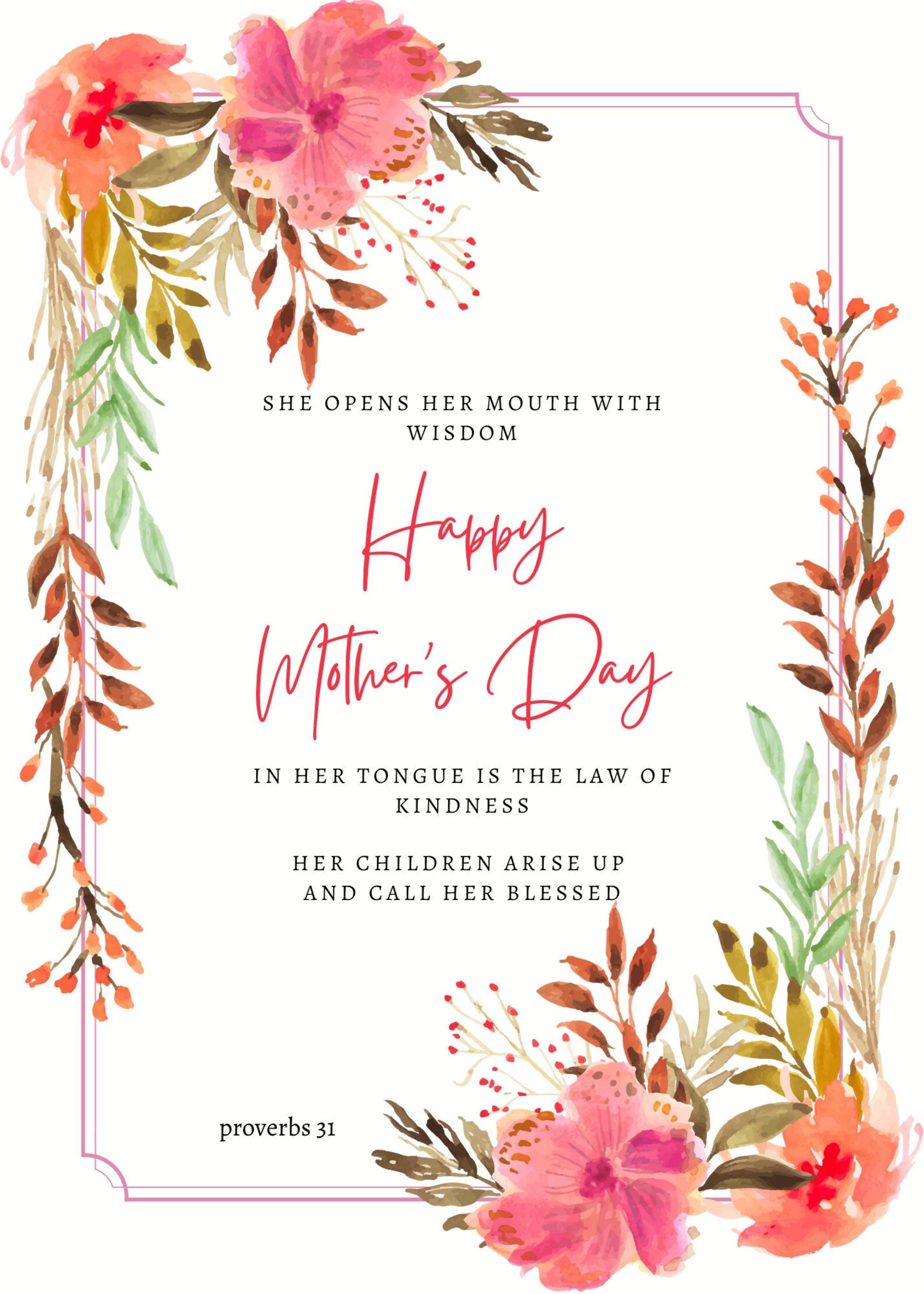 Mother's Day Card Proverbs 31 Printable Digital Download 5x7in Floral ...