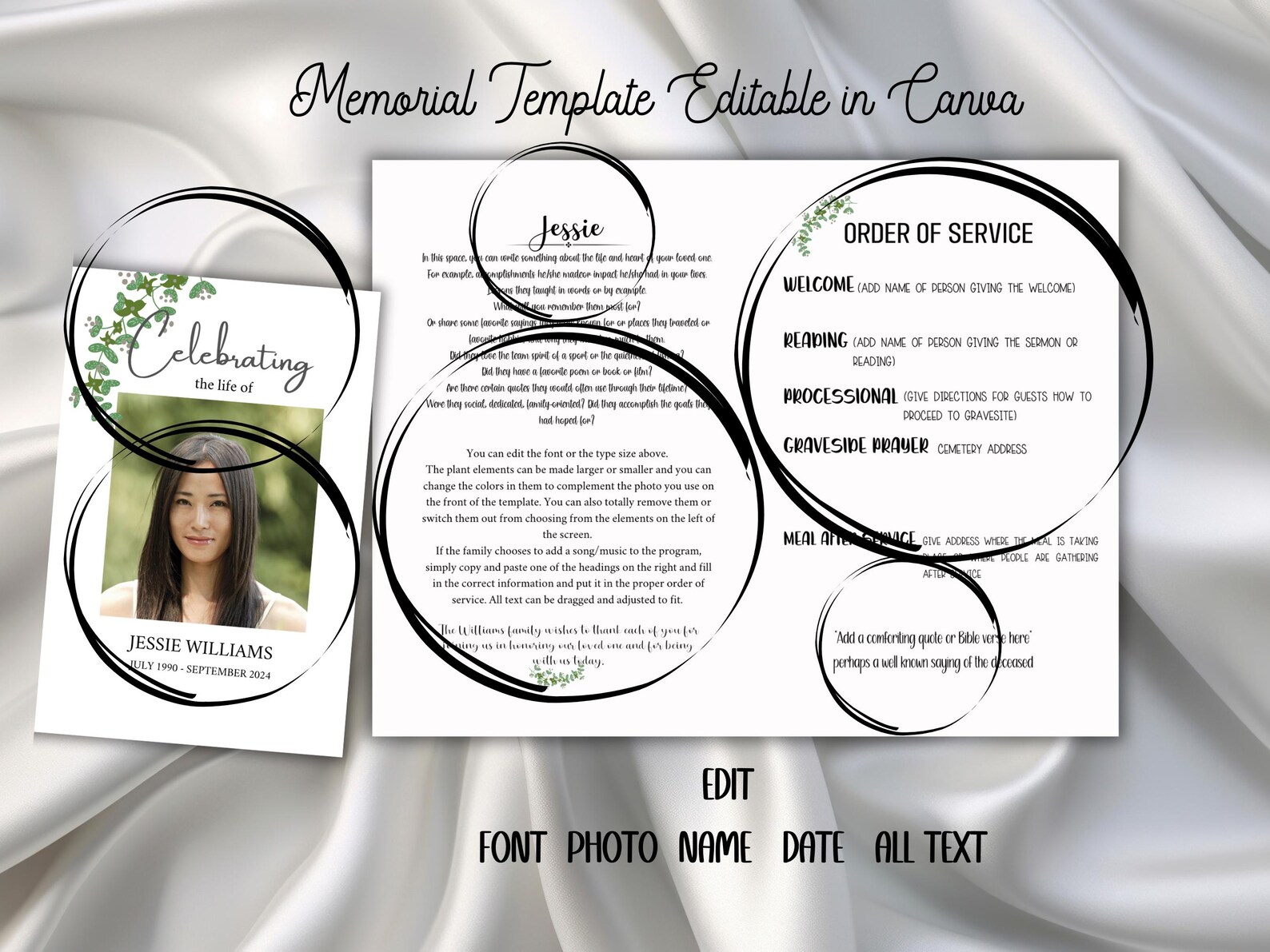 Memorial Funeral Program Template Editable in Canva in Loving Memory ...