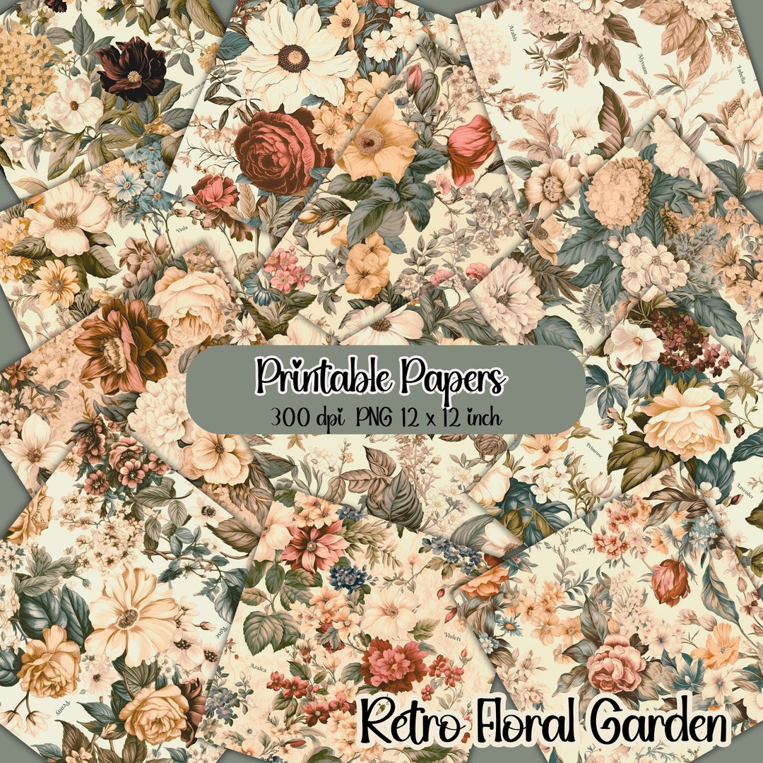 Retro Floral Printable Paper Junk Journal Ephemera Scrapbook Digital Paper Greeting Card ...