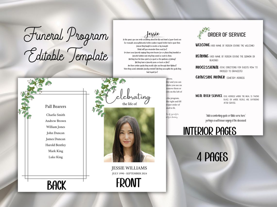 Memorial Funeral Program Template Editable in Canva in Loving Memory ...