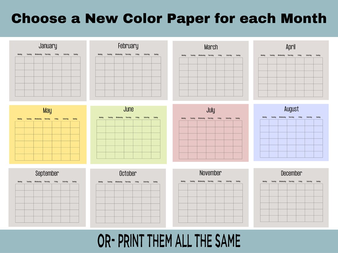 Undated Calendar Printable Monthly Blank Calendar Minimalist Horizontal ...