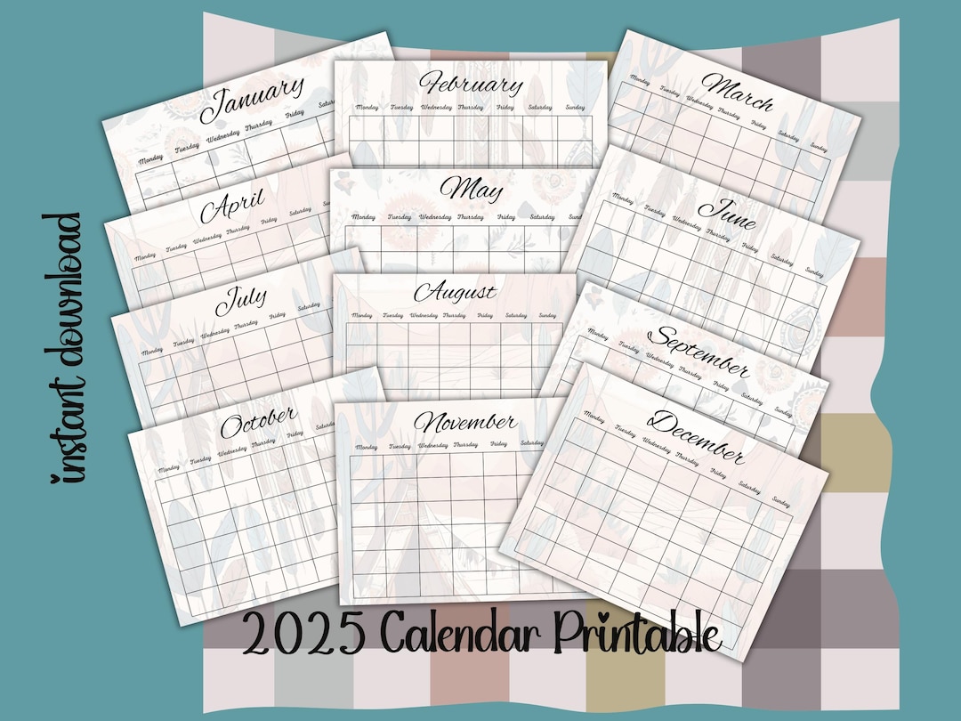2025 Landscape Calendar Printable Boho 12 Month Blank Homeschool ...