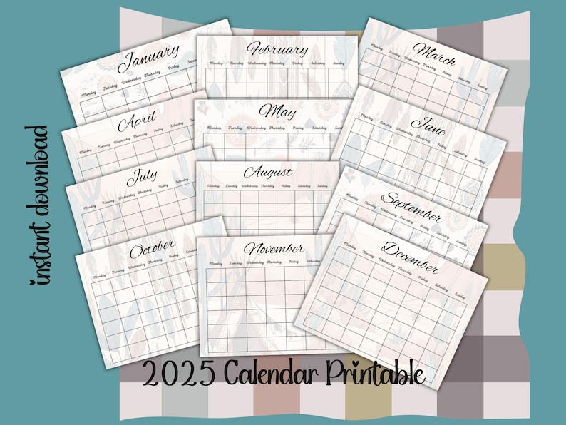 2025 Landscape Calendar Printable Boho 12 Month Blank Homeschool ...