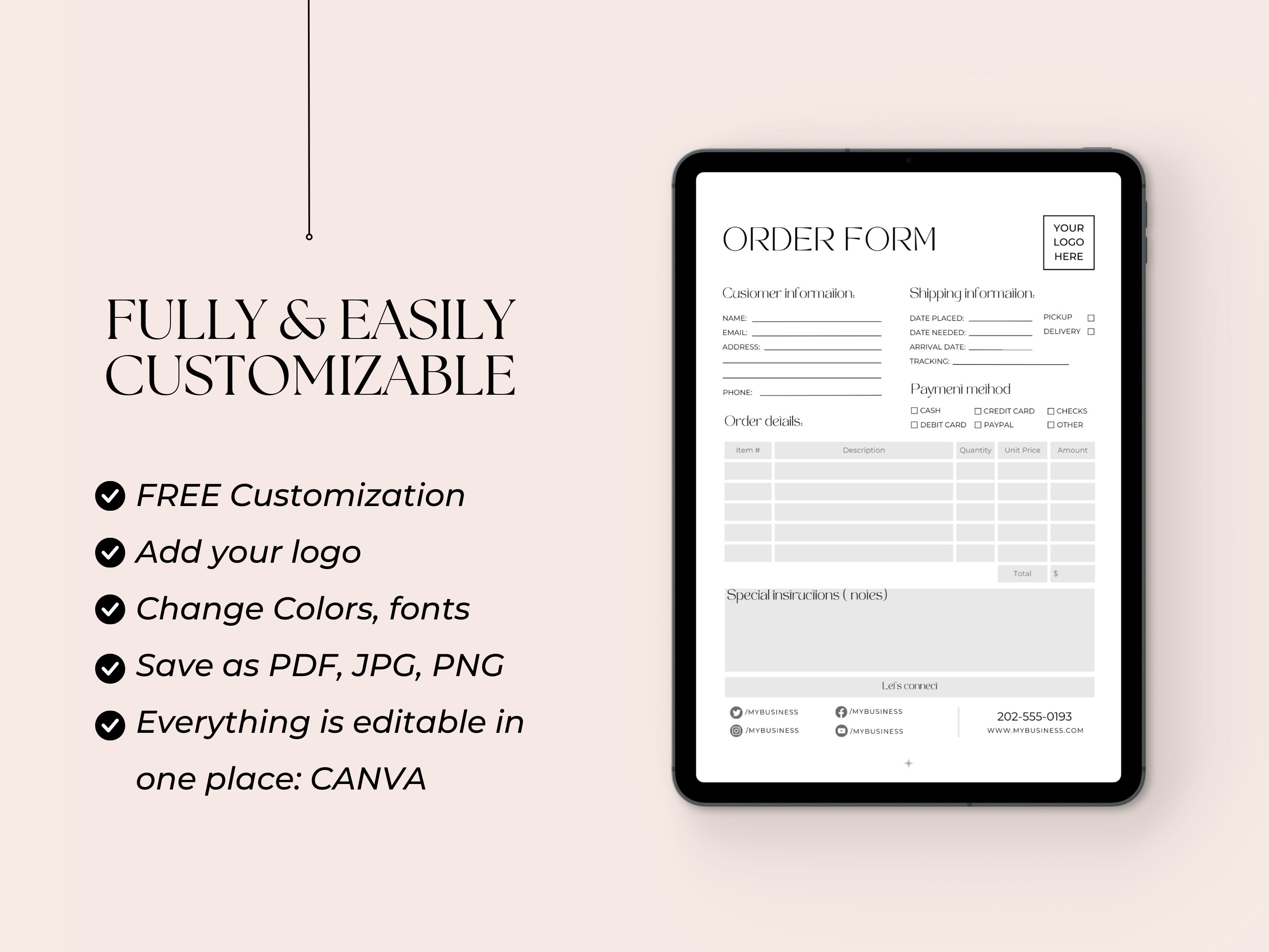 Custom Order Form Template | Purchase Order Form Template | Editable ...