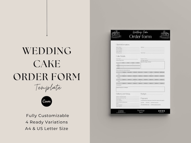 Wedding Cake Order Form Template: Editable Bakery Form (digital ...