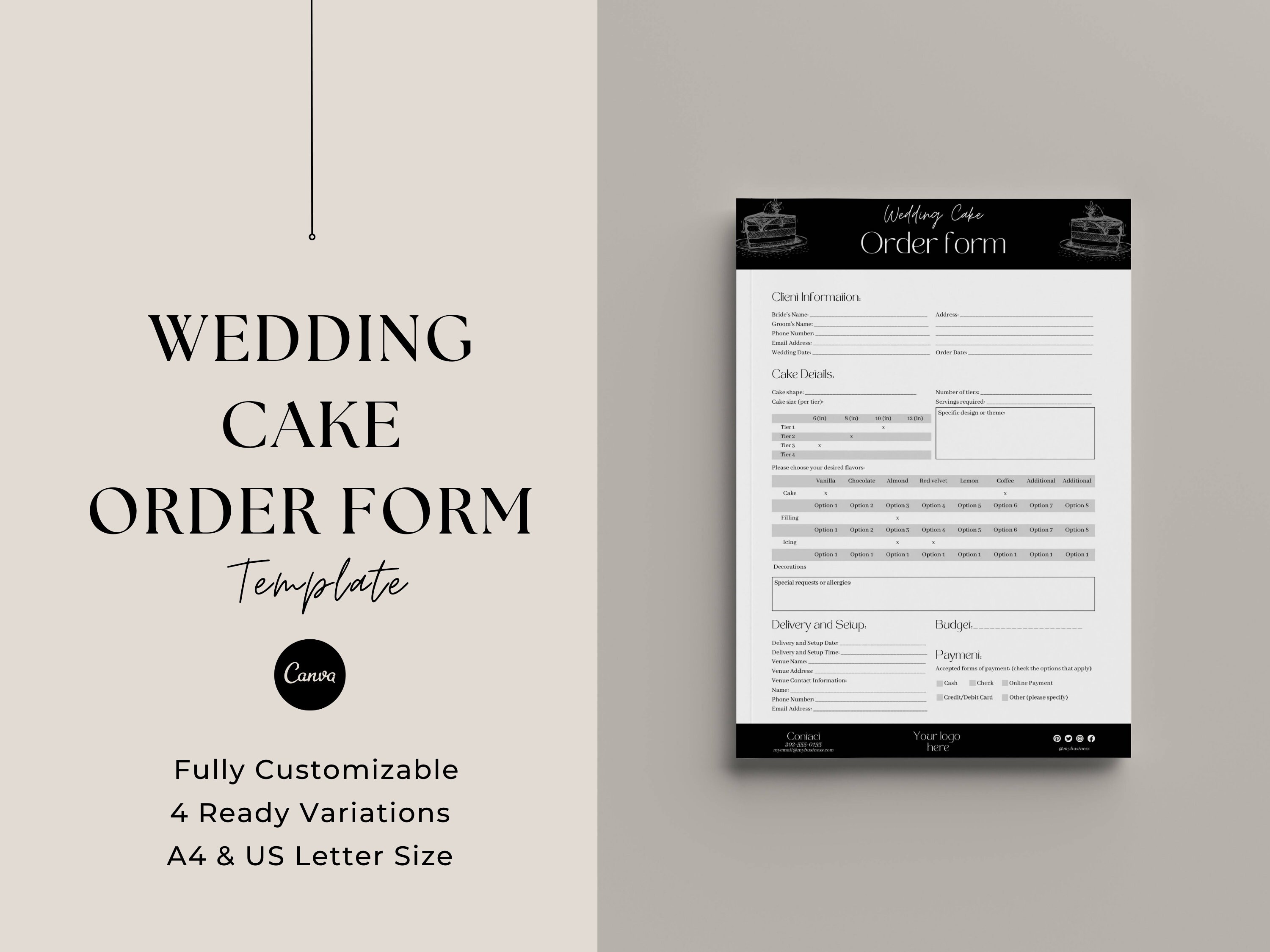 Wedding Cake Order Form Template: Editable Bakery Form (digital ...