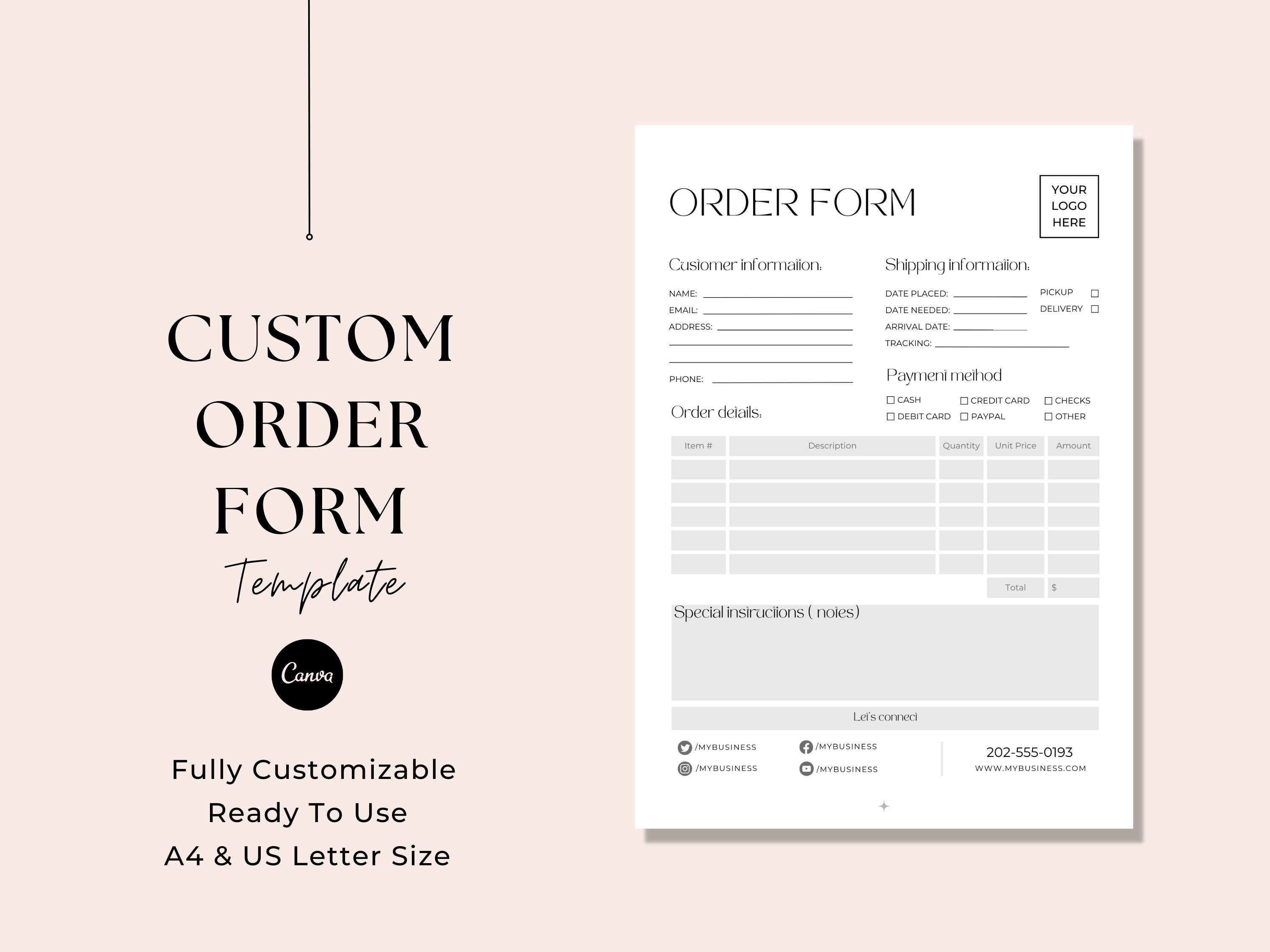 Custom Order Form Template | Purchase Order Form Template | Editable ...