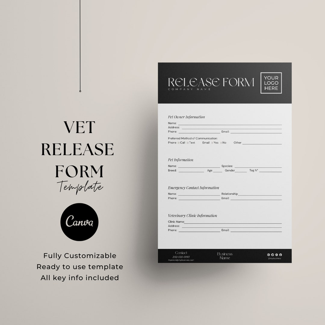 Vet Release Form Template - Editable Canva Veterinary Release Form ...