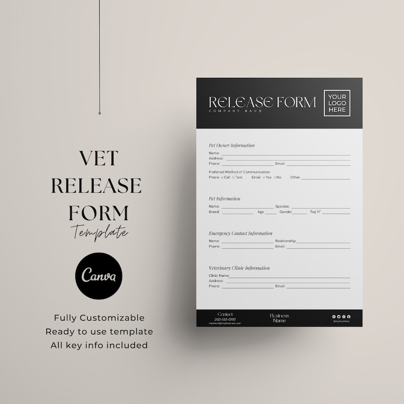 Vet Release Form Template - Editable Canva Veterinary Release Form ...