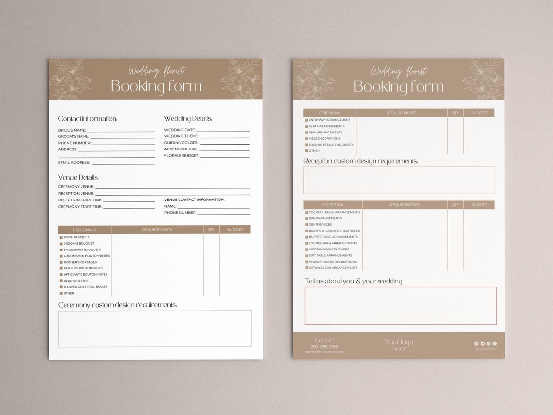 Wedding Florist Booking Form Template: Custom Order Form (digital ...