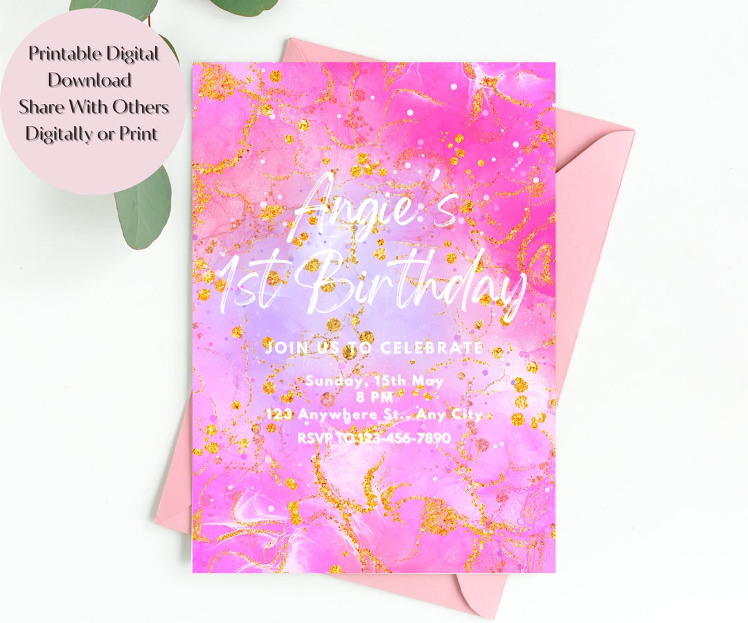 Pink Glitter Birthday Invitation Templates, Pink Watercolor Printable ...