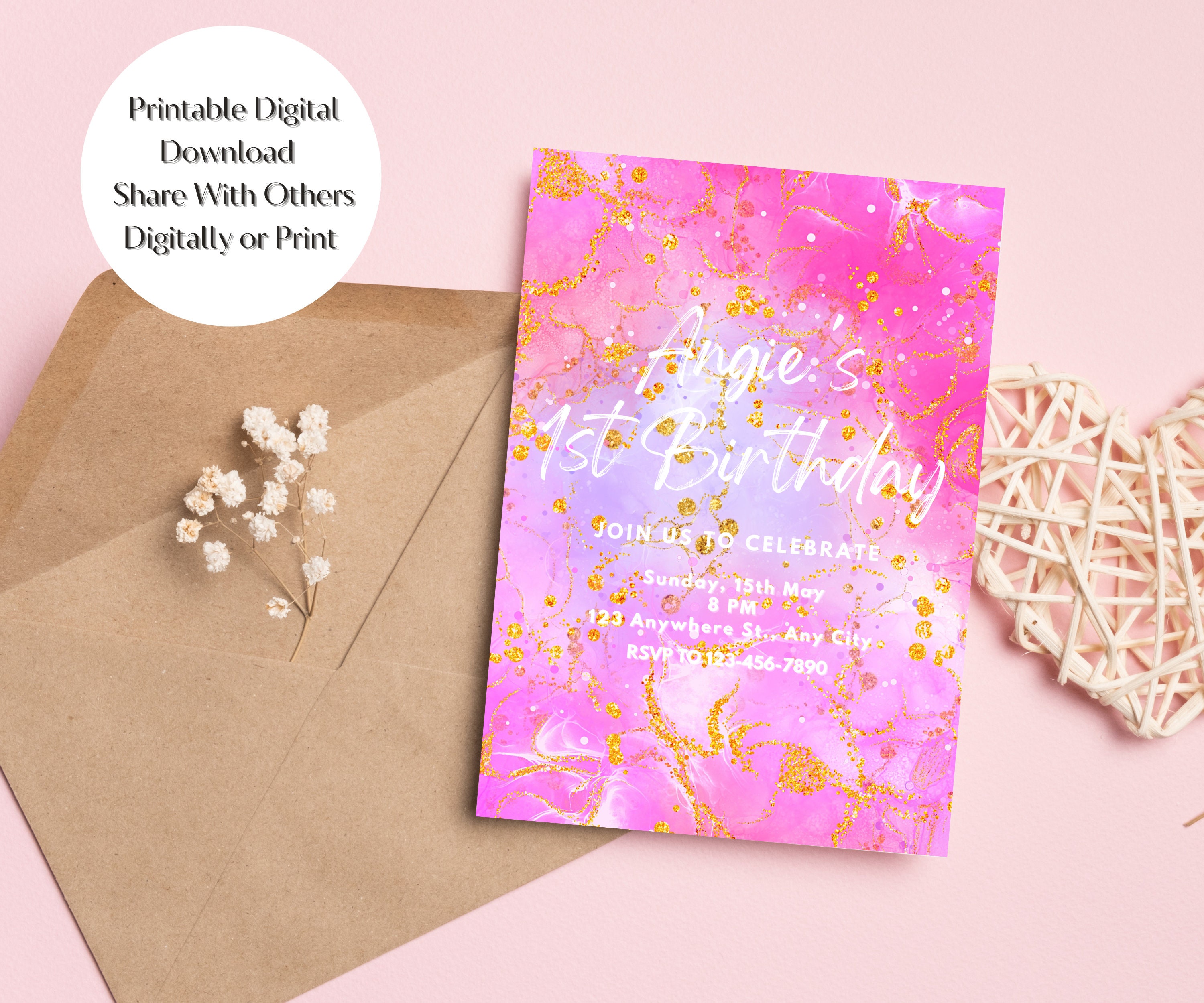 Pink Glitter Birthday Invitation Templates, Pink Watercolor Printable ...