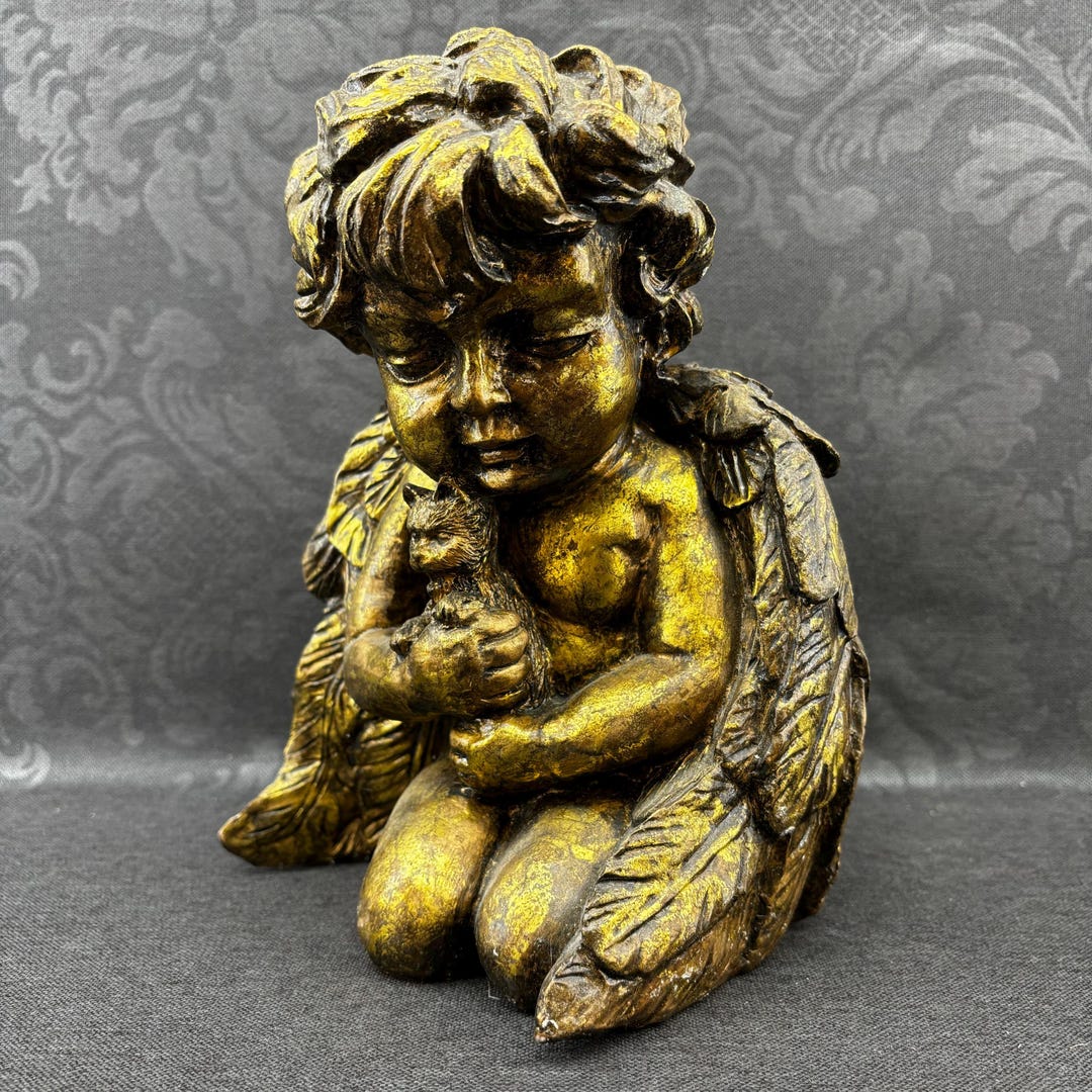 Adorable Sitting Cherub Sculpture - Bronze Look Finish - Heavy Plastic ...