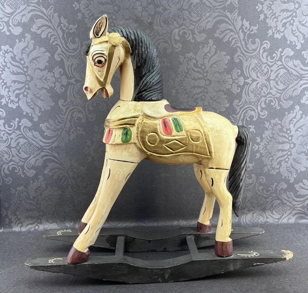 Vintage Wooden Rocking Horse | Hand Painted Figurine Sculpture | Wood ...