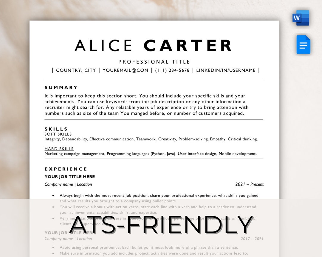 Modelo de currículo amigável ATS 2024 Microsoft Word e Google Docs ...