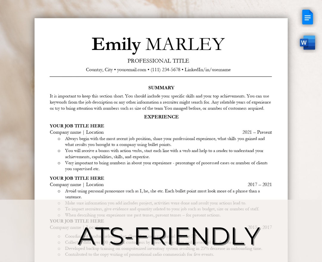 Modelo de currículo amigável ATS 2024 Microsoft Word e Google Docs ...