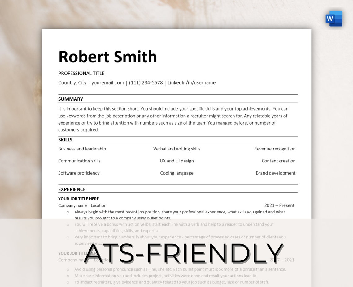 ATS Friendly Resume Template for Microsoft Word Modern Resume ...