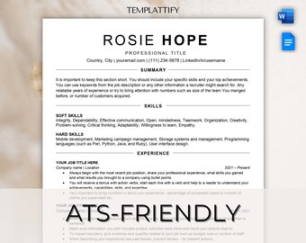 2024 ATS Friendly Resume Template Microsoft Word & Google Docs Resume ...