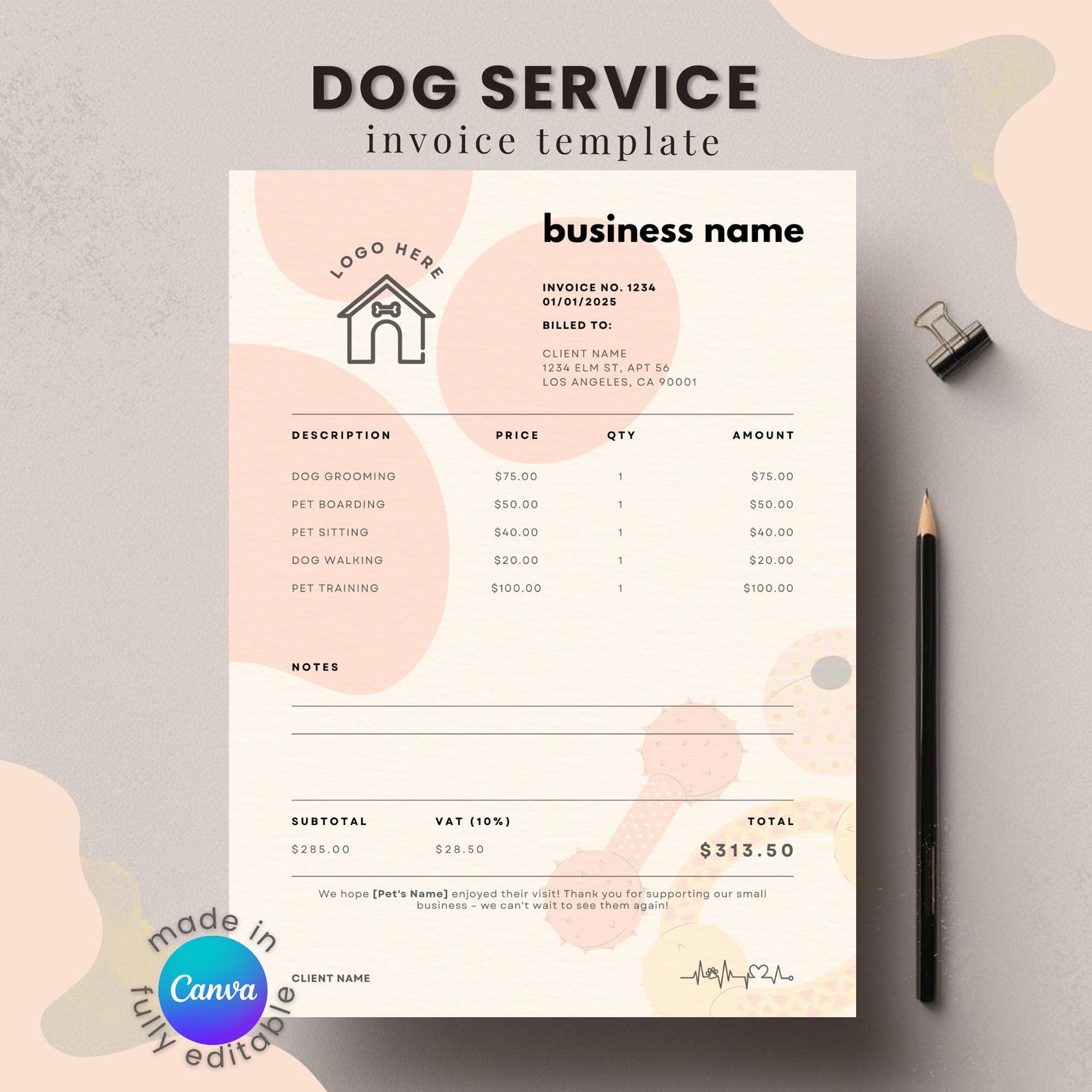 Editable Dog Service Template | Modern Invoice Template | Pet Service ...