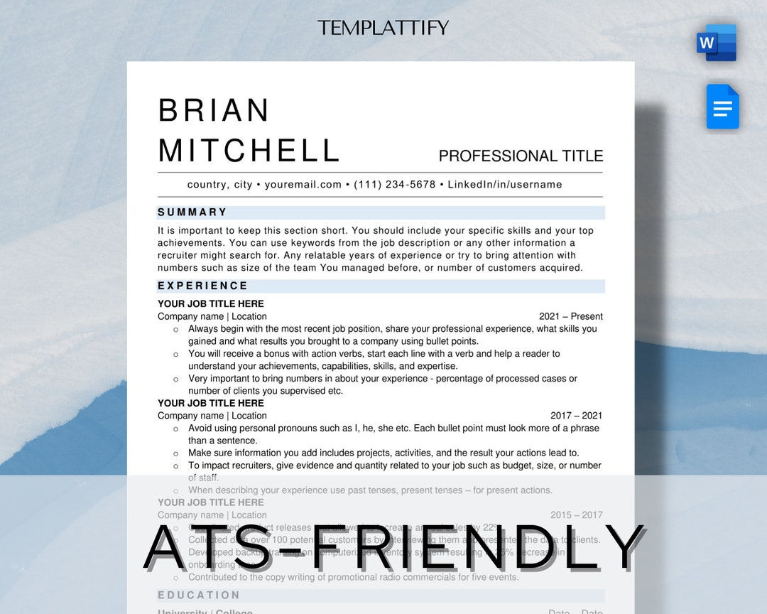 2024 ATS Friendly Resume Template Microsoft Word & Google Docs Resume ...