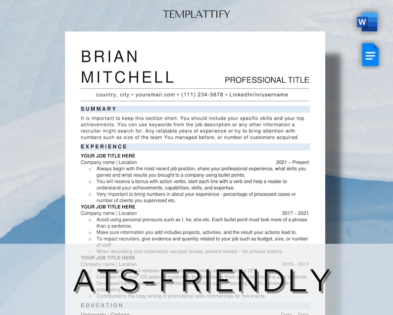 2024 ATS Friendly Resume Template Microsoft Word & Google Docs Resume ...