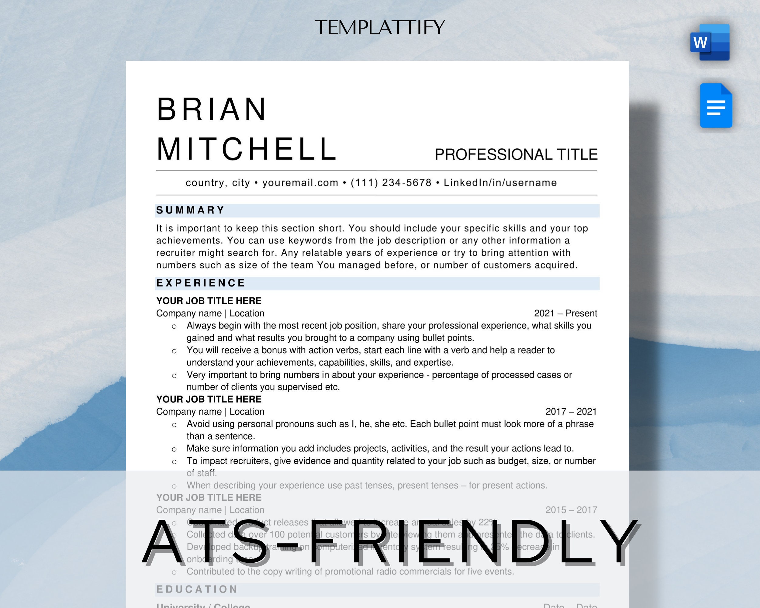 2024 ATS Friendly Resume Template Microsoft Word & Google Docs Resume ...