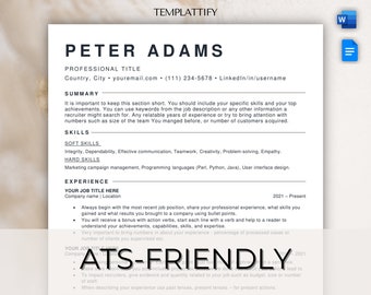 2024 ATS Friendly Resume Template Microsoft Word & Google Docs Resume ...