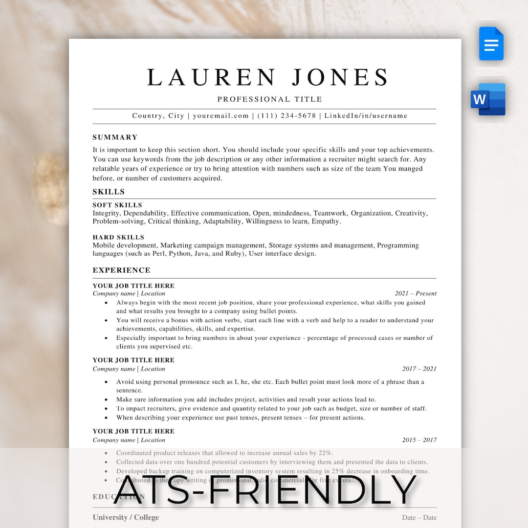 ATS Friendly Resume Template Word, Google Docs, ATS Resume, ATS Cv ...