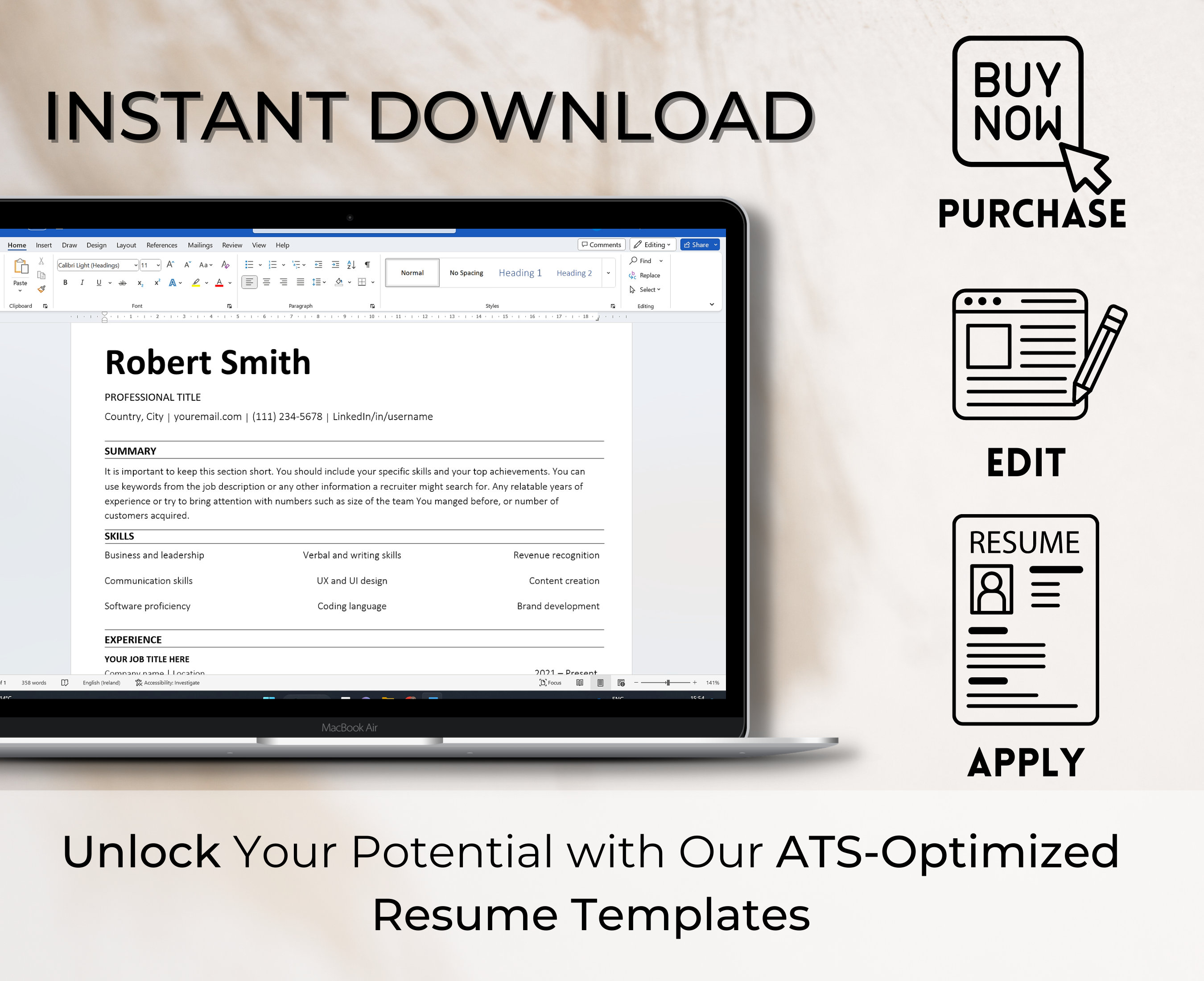 ATS Friendly Resume Template for Microsoft Word Modern Resume ...
