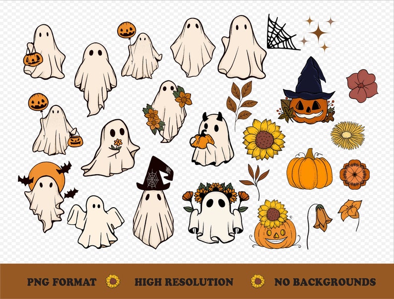 BOHO Halloween Ghost Clipart, PNGS, No Background, Digital Stickers ...