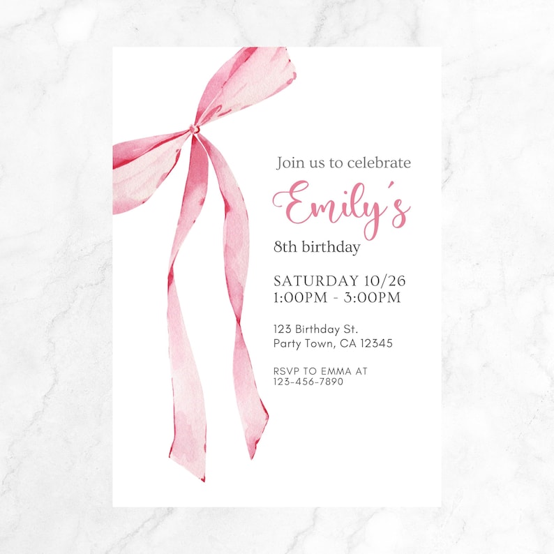 Pink Bow Invitation, Editable Bow Birthday Invitation, Bow Party Theme ...