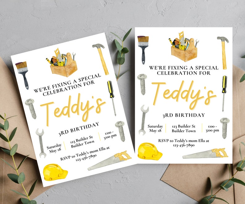 Cute Yellow Construction Birthday Party Invitation for Toddler Boy, Fun ...